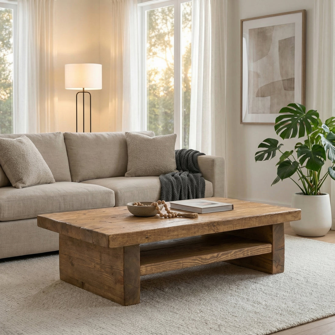Low Chunky Coffee Table With Shelf | Chopwell Rustic Low Coffee Table