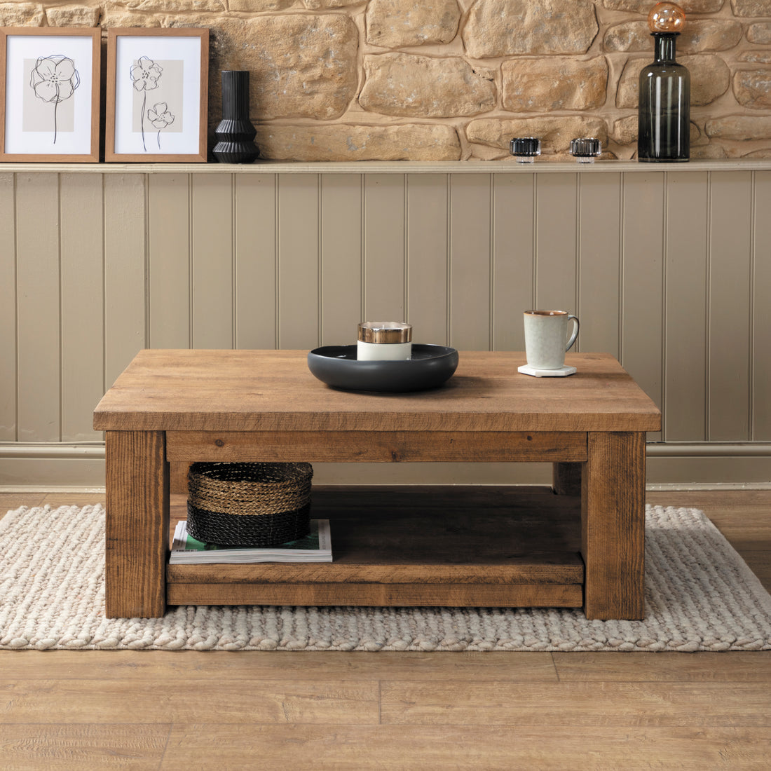 Rustic Coffee Table With Shelf | Coleridge Solid Wood Coffee Table